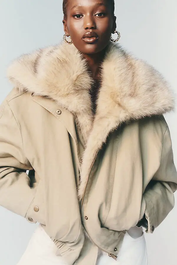 PILCRO Faux Fur Led Denim Bomber Jacket
