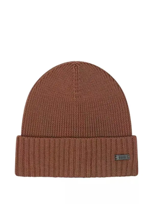 BOSS Rib-knit Virgin-wool Beanie With Logo Plaque