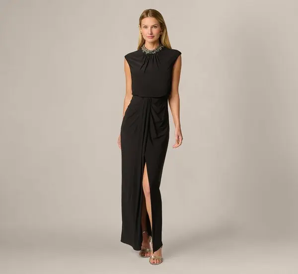 Adrianna Papell Extended Shoulder Rhinestone Collar Draped Jersey Gown