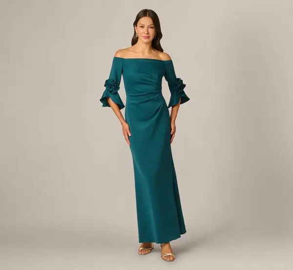 Adrianna Papell Off Shoulder Bell Sleeve Rosette Gown