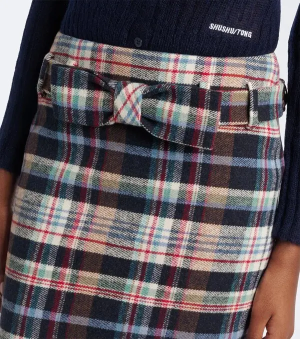 SHUSHU/TONG Bow-detail Checked Midi Skirt
