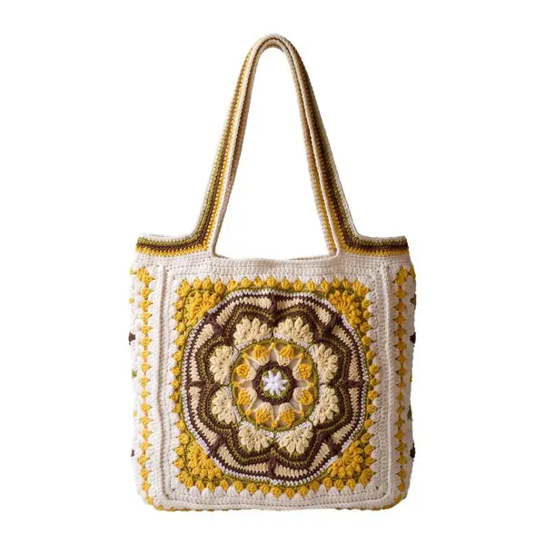 ANA CHIC Mustard Medallion Granny Square Handmade Crochet Tote Bag