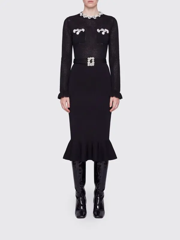 SELF-PORTRAIT Jewel-embellished Slim Fit Knit Midi Sheath Dress With Long Sleeves