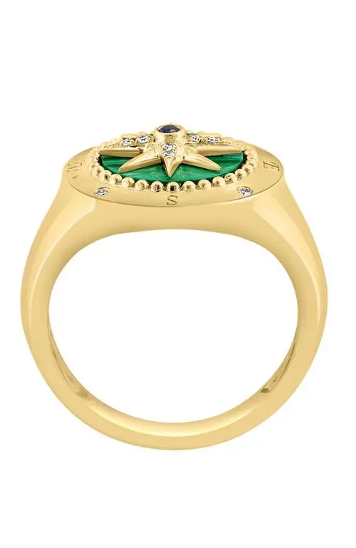 EFFY 14k Yellow Gold Malachite Compass Ring With Black & White Diamonds