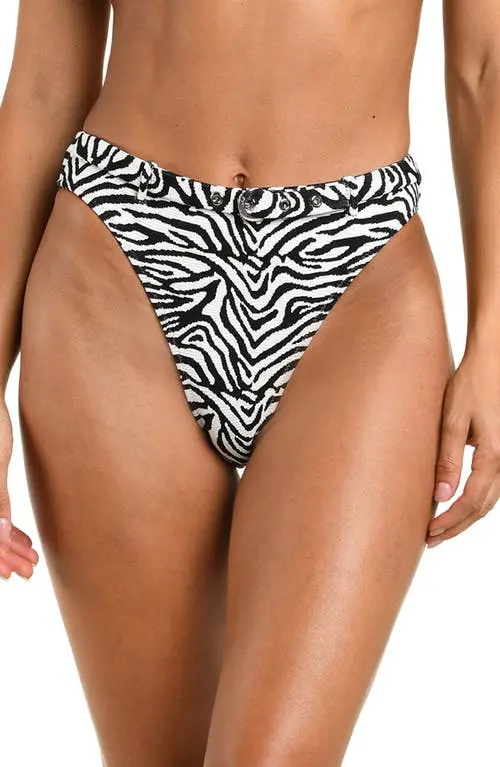 L'Agence Gianna Zebra Print High Leg Bikini Bottoms - Black