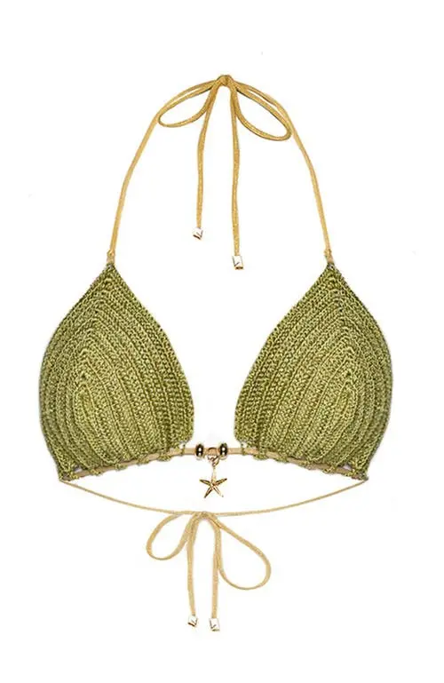 CHERINA  BEACHWEAR Cherina Beachwear Nora Handmade Triangle Crochet Adjustable Halter Neckline Bikini Top - Green