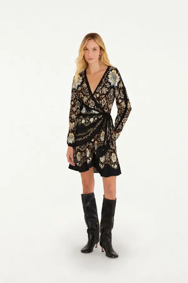 Farm Rio Daniela Long Sleeve Wrap Mini Dress - Daniela Black