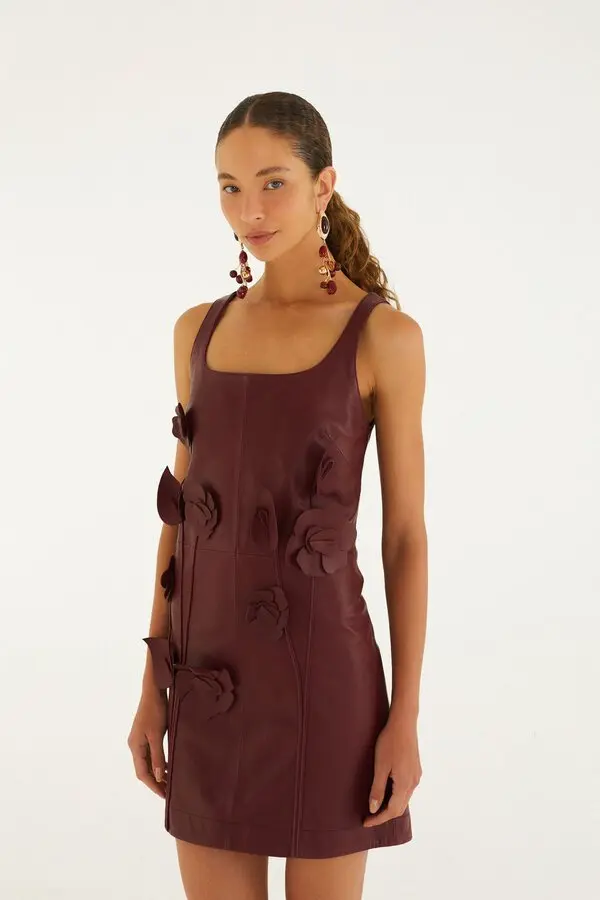 Farm Rio 3d Flowers Sleeveless Leather Mini Dress