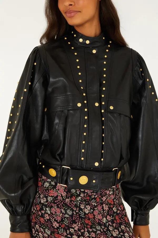 Farm Rio Riveted Buttoned Leather Jacket