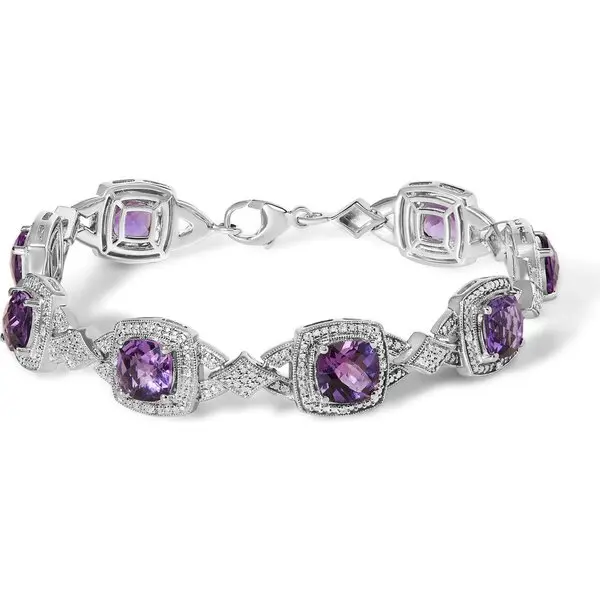 HAUS OF BRILLIANCE Sterling Cushion-cut Purple Amethyst & Diamond Vintage Halo Link Bracelet - Silver