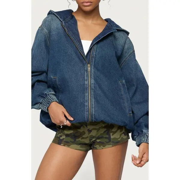 EDIKTED Hooded Vintage Wash Denim Bomber Jacket