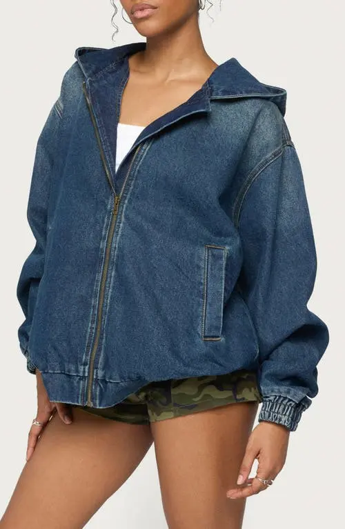EDIKTED Hooded Vintage Wash Denim Bomber Jacket