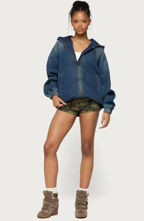 EDIKTED Hooded Vintage Wash Denim Bomber Jacket
