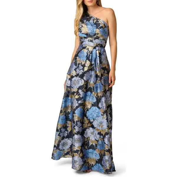 ADRIANNA PAPELL One-shoulder Floral Jacquard Gown