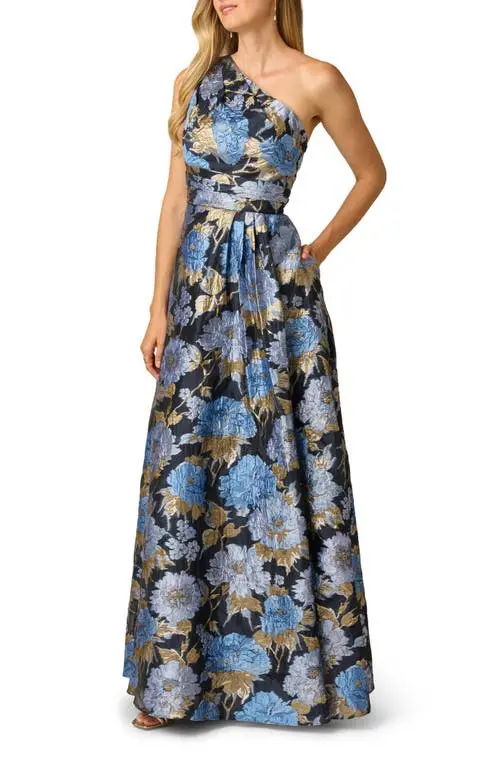 ADRIANNA PAPELL One-shoulder Floral Jacquard Gown
