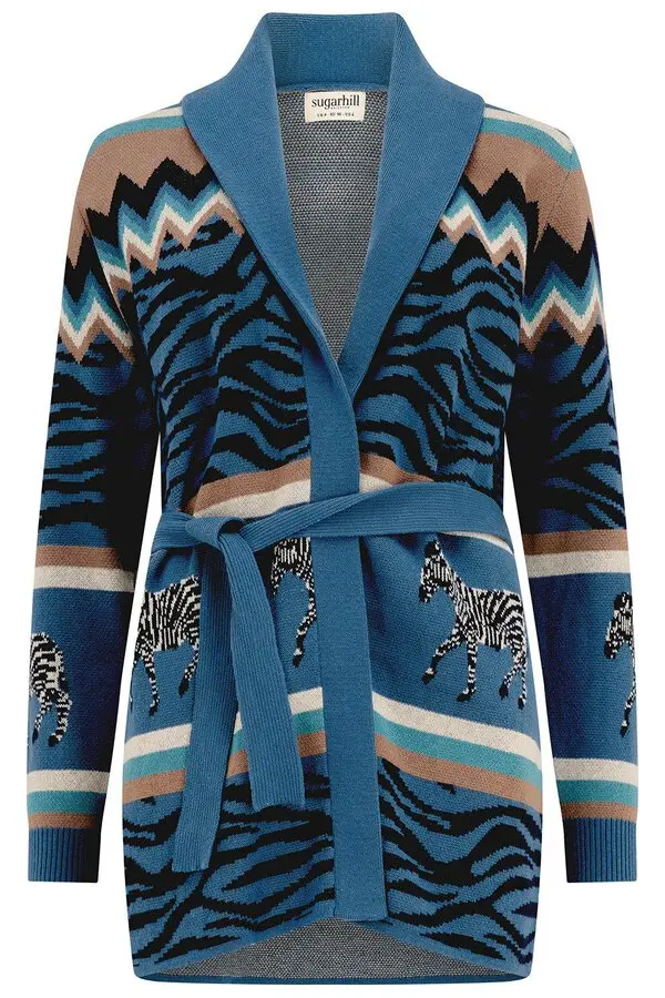 SUGARHILL BRIGHTON Saira Belted Cardigan Desert Zebra - Blue