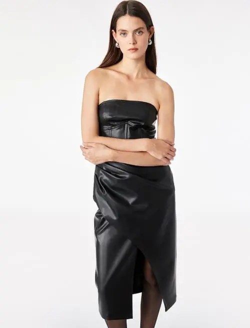 Koton Faux Leather Wrap Corset Dress