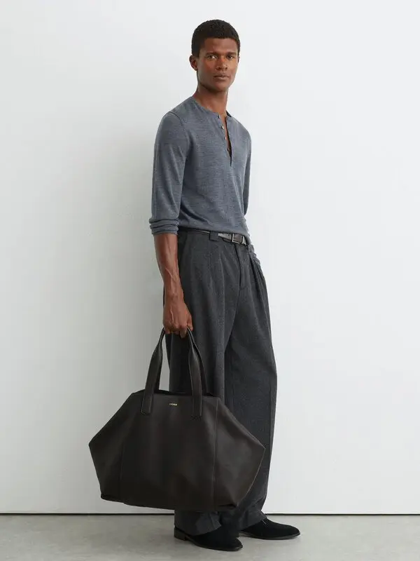 REISS Weybourne Grained Leather Large Tote Bag - Dark Brown