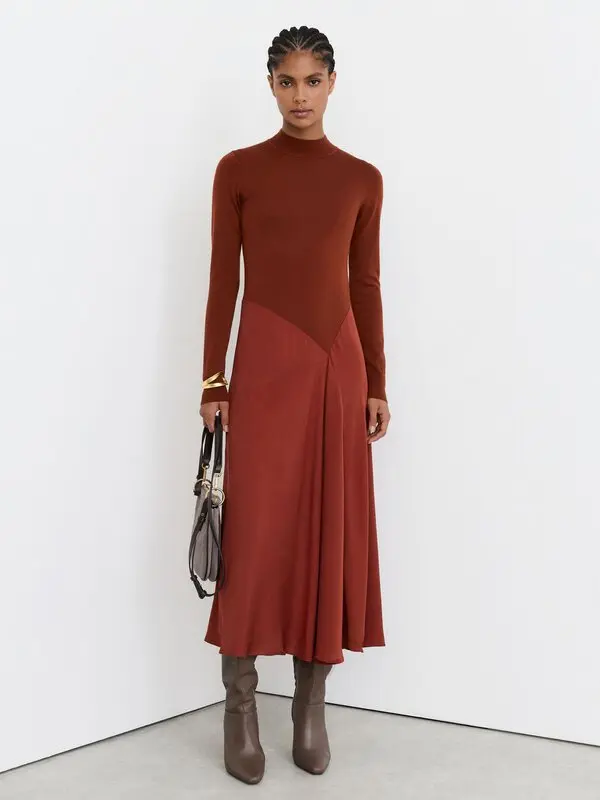 REISS Nora Petite Knitted Woven Mix High-neck Midi Dress