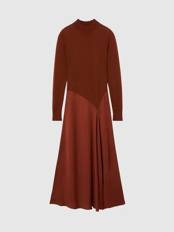 REISS Nora Petite Knitted Woven Mix High-neck Midi Dress