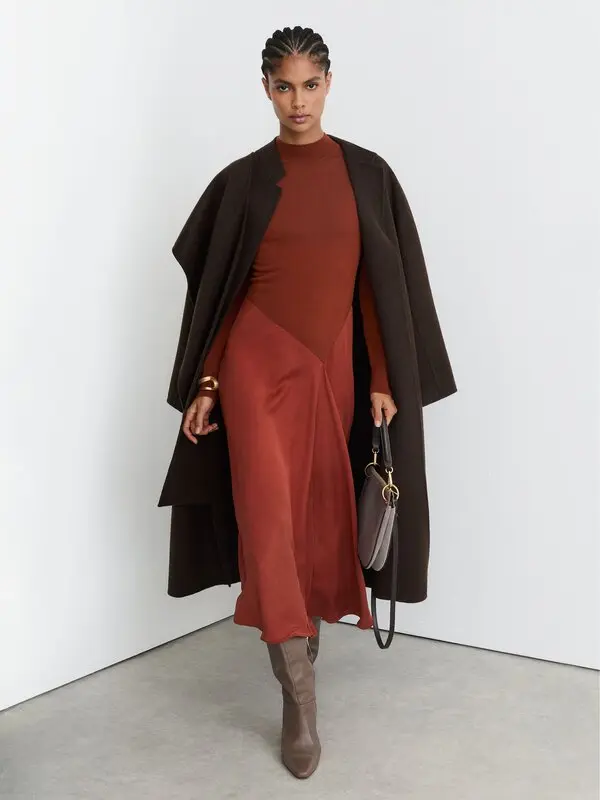 REISS Nora Petite Knitted Woven Mix High-neck Midi Dress