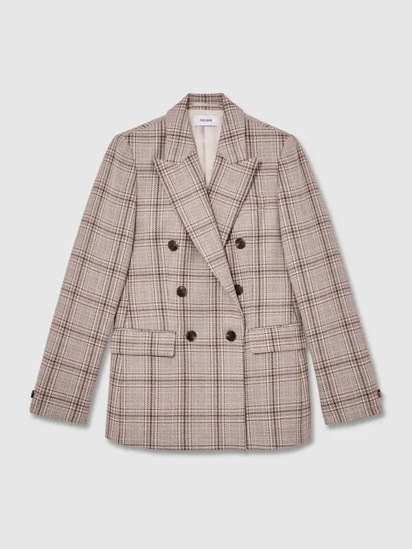 REISS Bella Wool-blend Woven-check Double-breasted Blazer
