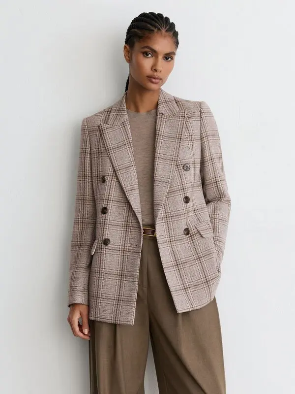 REISS Bella Wool-blend Woven-check Double-breasted Blazer