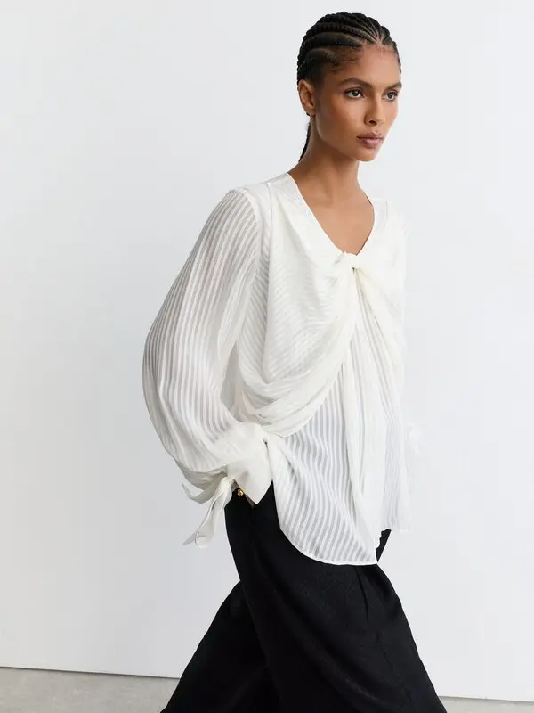 REISS Cindy Jacquard-stripe Draped Bow-detail Blouse - Ivory