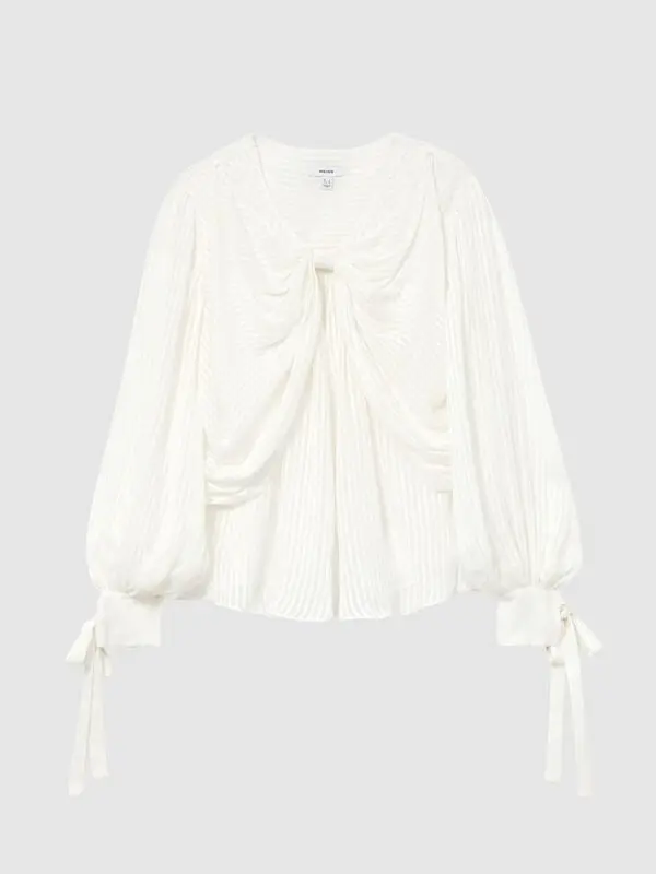 REISS Cindy Jacquard-stripe Draped Bow-detail Blouse - Ivory