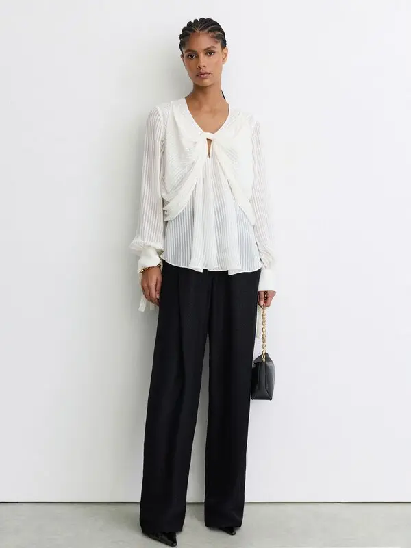 REISS Cindy Jacquard-stripe Draped Bow-detail Blouse - Ivory