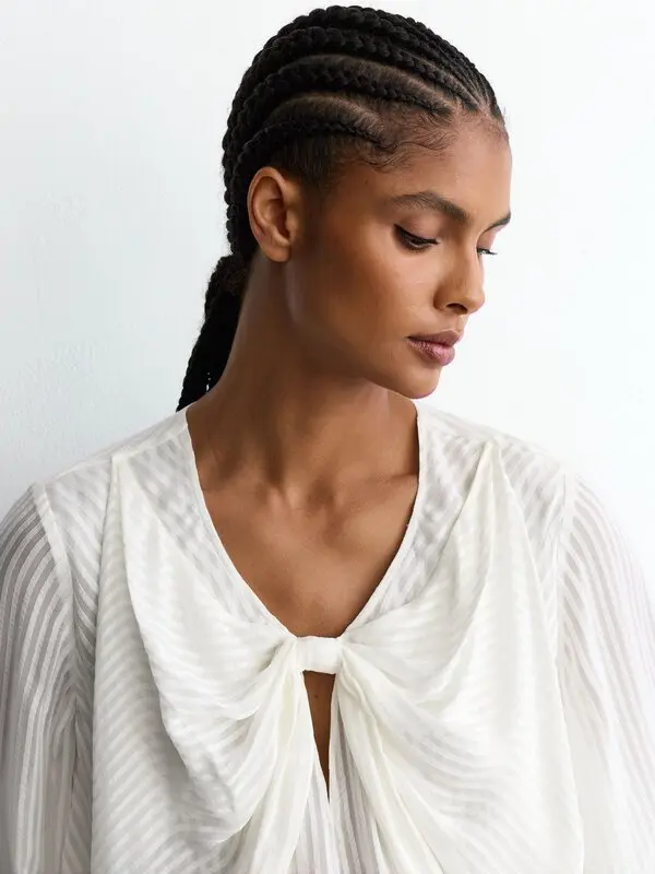 REISS Cindy Jacquard-stripe Draped Bow-detail Blouse - Ivory