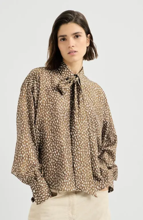 Brunello Cucinelli Silk Dapple Pongee Pussybow Blouse With Monili