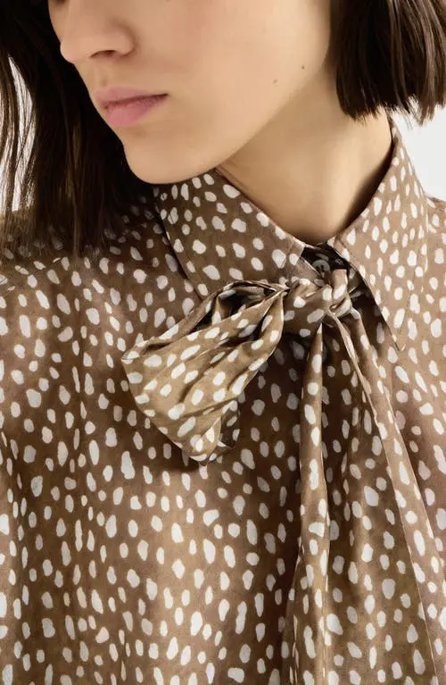 Brunello Cucinelli Silk Dapple Pongee Pussybow Blouse With Monili