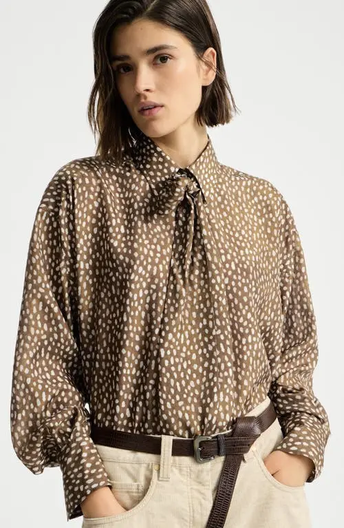 Brunello Cucinelli Silk Dapple Pongee Pussybow Blouse With Monili