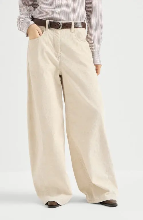 Brunello Cucinelli Garment-dyed Wide Trousers In Cotton And Linen Corduroy With Monili - Ecru