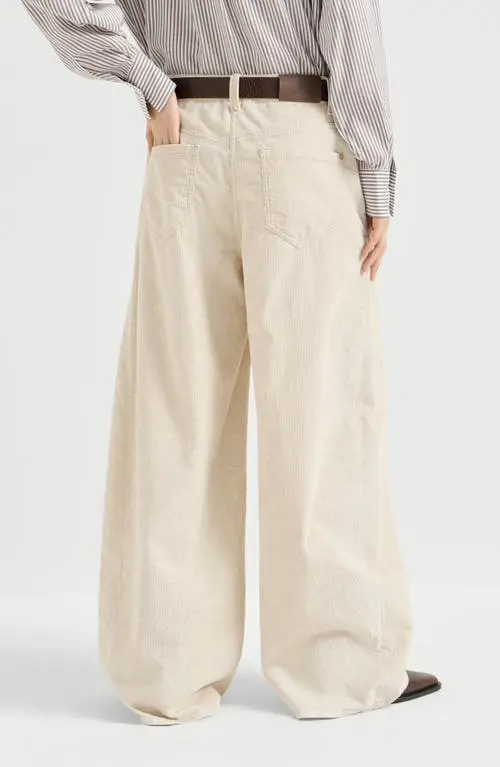 Brunello Cucinelli Garment-dyed Wide Trousers In Cotton And Linen Corduroy With Monili - Ecru