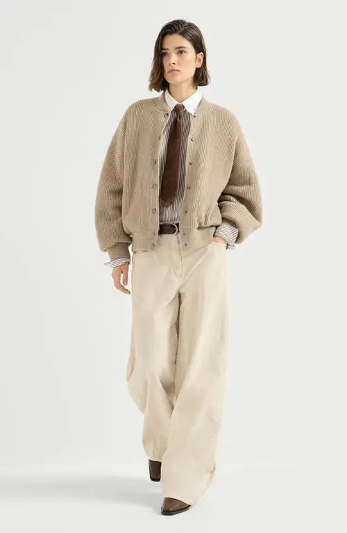 Brunello Cucinelli Garment-dyed Wide Trousers In Cotton And Linen Corduroy With Monili - Ecru