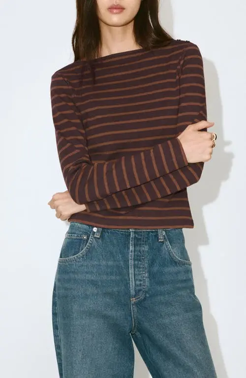 MANGO Stripe Boat Neck Long Sleeve Cotton T-shirt