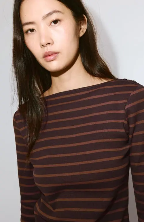 MANGO Stripe Boat Neck Long Sleeve Cotton T-shirt