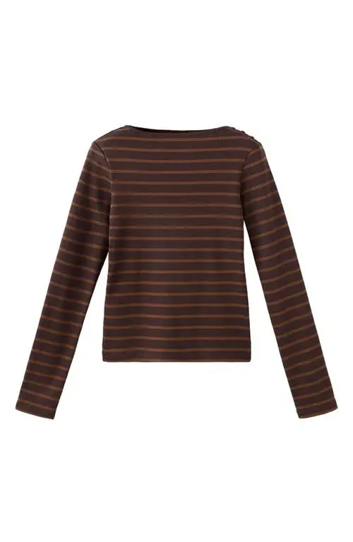 MANGO Stripe Boat Neck Long Sleeve Cotton T-shirt