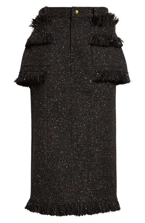 Sacai Nep Tweed Fringe Midi Skirt - Black