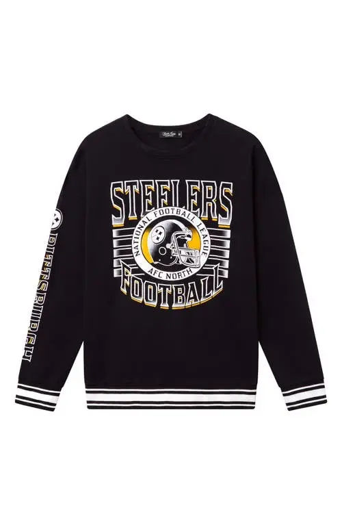 Junk Food Pittsburgh Steelers Oversize Striped Rib Fleece Crewneck Sweatshirt - True Black
