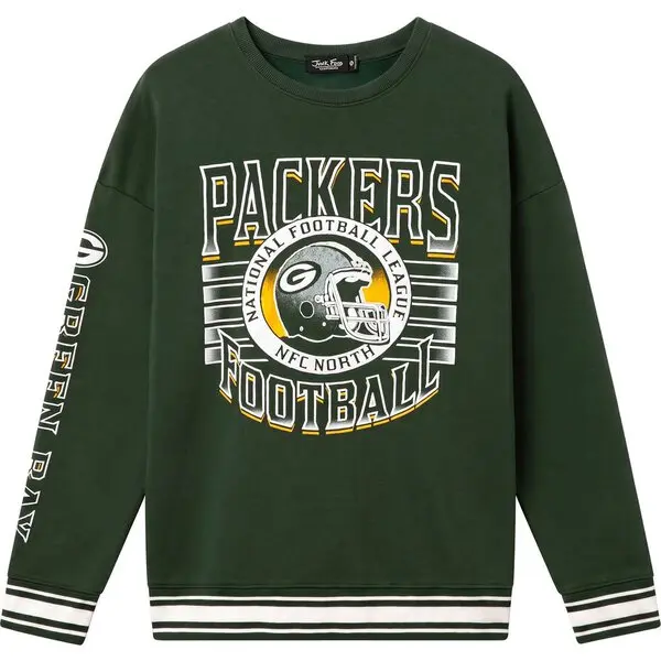 Junk Food Green Bay Packers Oversize Striped Rib Fleece Crewneck Sweatshirt - Hunter