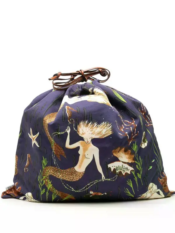 Loewe 2020 Paula Ibiza Canvas Mermaid Print Drawstring Pouch - Blue