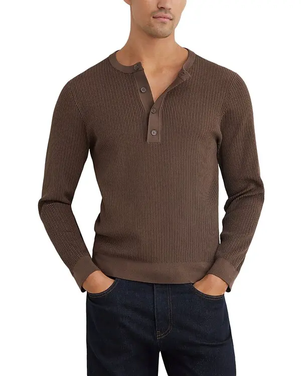 REISS Declan Ribbed Crewneck Henley Shirt - Chocolate