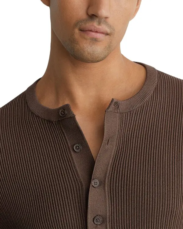 REISS Declan Ribbed Crewneck Henley Shirt - Chocolate