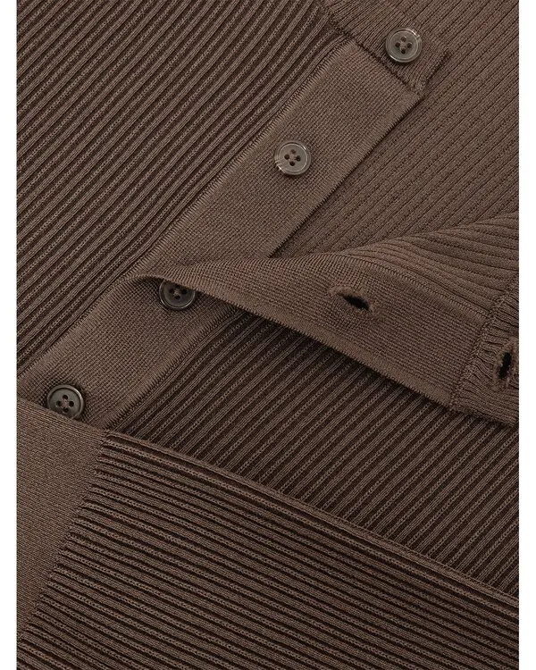 REISS Declan Ribbed Crewneck Henley Shirt - Chocolate