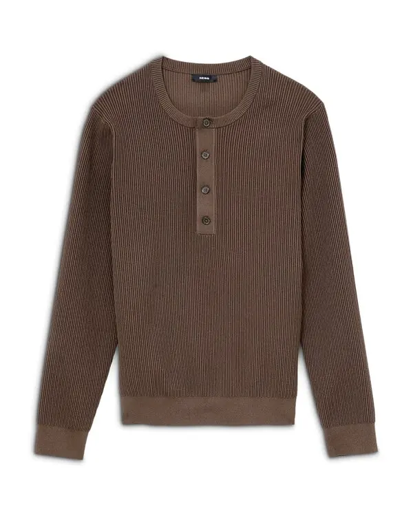 REISS Declan Ribbed Crewneck Henley Shirt - Chocolate