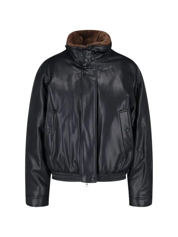 LOW CLASSIC Faux Leather Bomber Jacket With Sherpa Lining