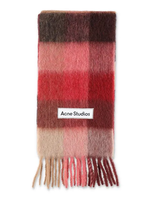 Acne Studios Mohair Blend Checkered Scarf With Logo Detail And Fringed Ends - Multi Check